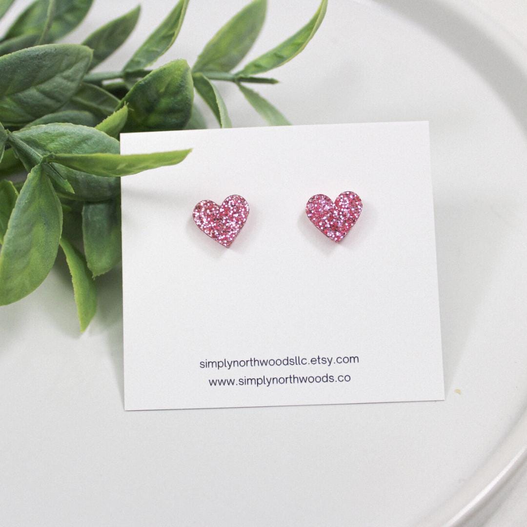 Pink Glitter Heart Stud Earrings, Small Stud Acrylic Earrings ...