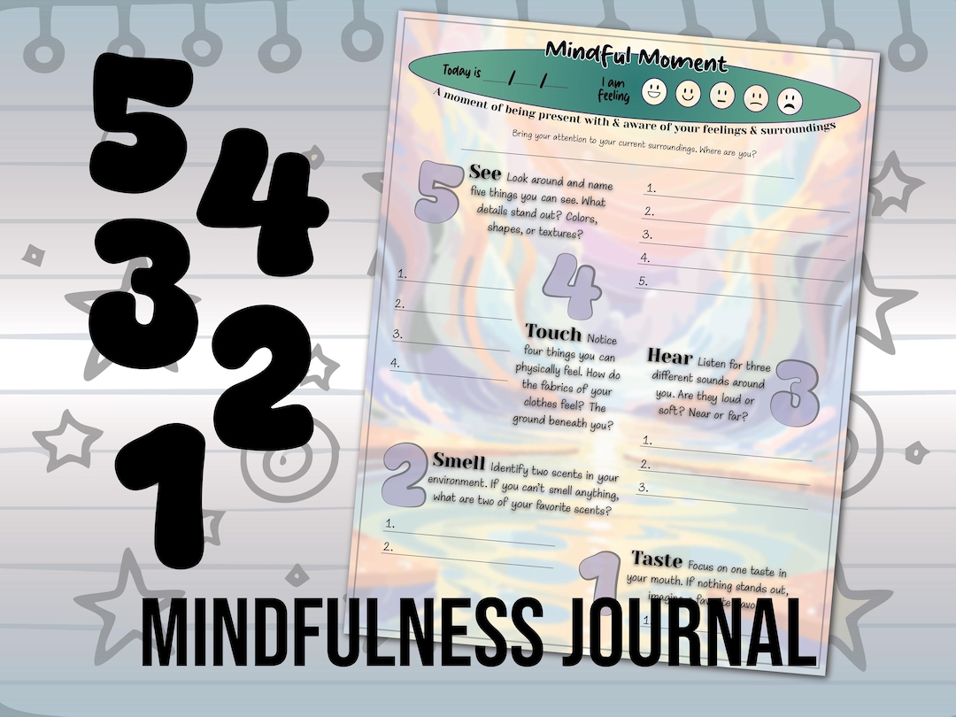 5-4-3-2-1 Grounding Exercise | Mindfulness Journal Page | Anxiety ...