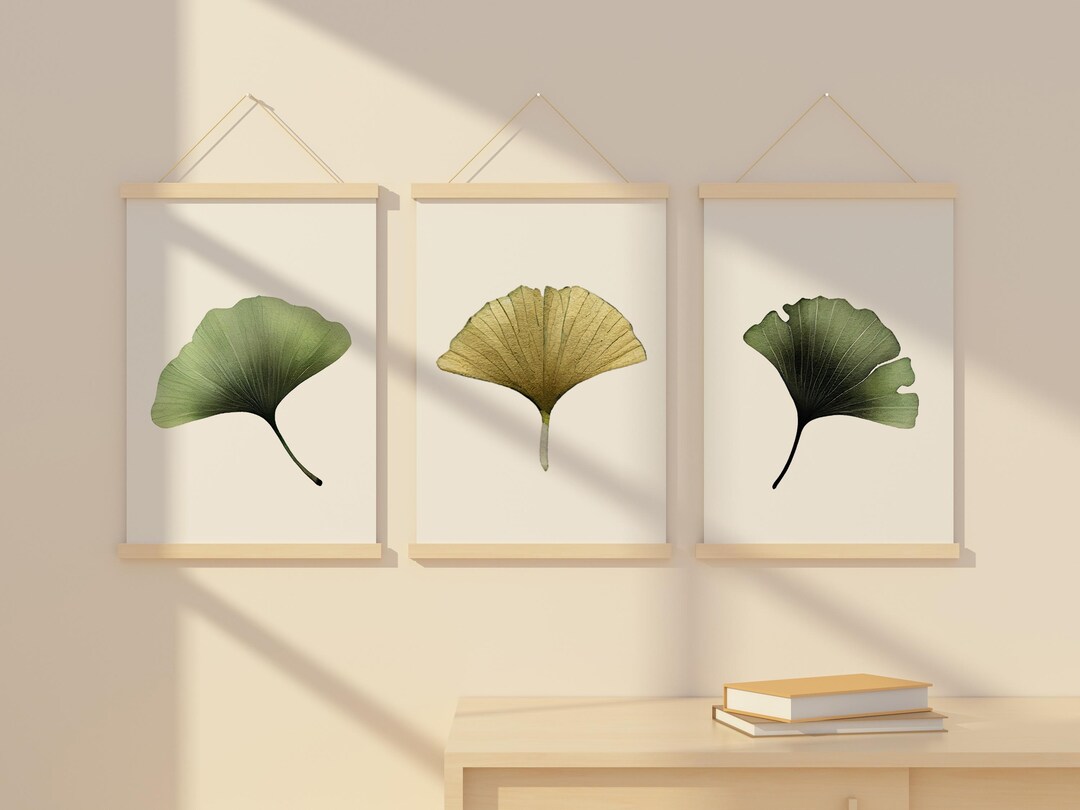 Ginkgo Leaves Watercolor Set of 3 Prints, Green Yellow Foliage, Minimal ...