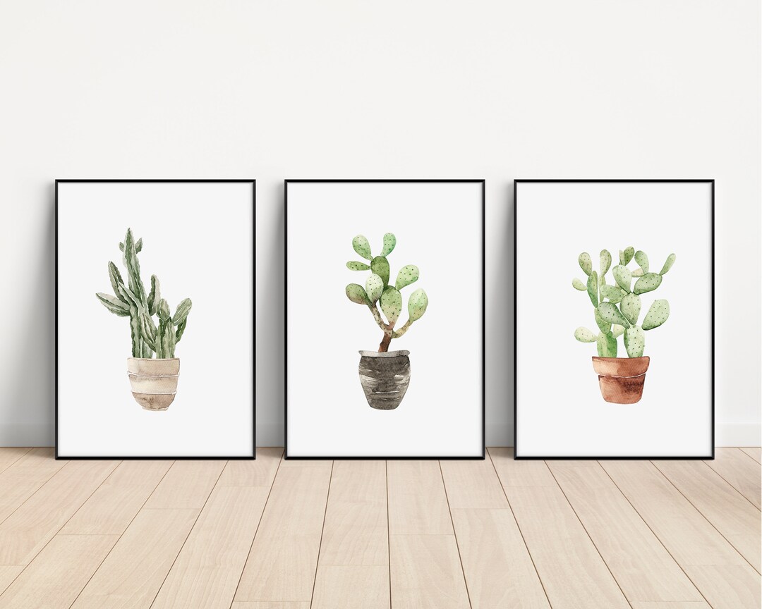 Set of 3 Watercolor Cactus Prints, Succulent Wall Art, Living Room ...