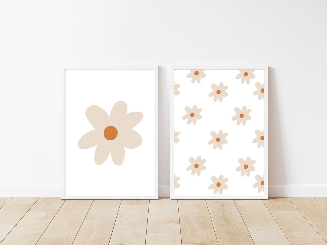 White Daisy Nursery Wall Art, Neutral Spring Print Set, Set of Two ...