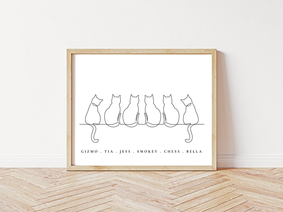 6 Cat Owner Wall Decor, Six Cats Line Drawing Wall Art, Personalised ...