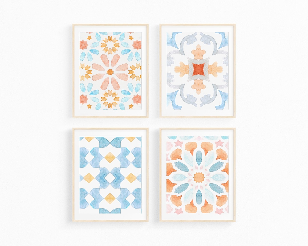 Watercolour Moroccan Tile Print Set of 4 , Blue and Cream Pattern Tile ...