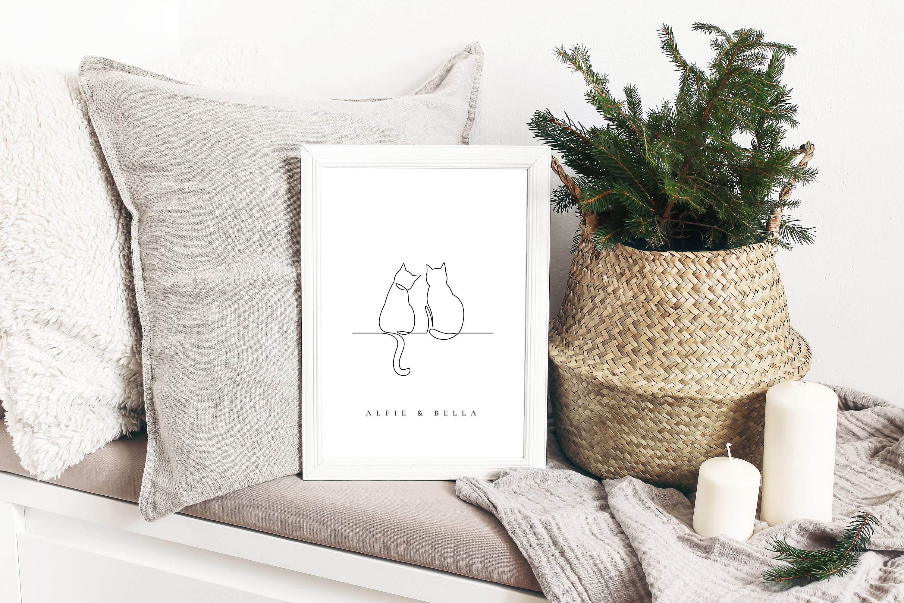 2 Cat Owner Wall Decor, 2 Cats Line Drawing Wall Art, Personalised Cat ...