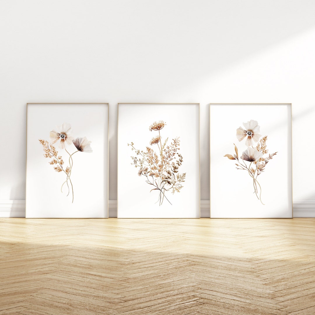 Neutral Watercolour Flowers Set of 3 Prints, Neutral Prints, Neutral ...