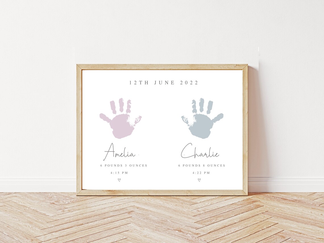 Personalised Twin Handprint, Twin Birth Details Print , New Baby Twins ...