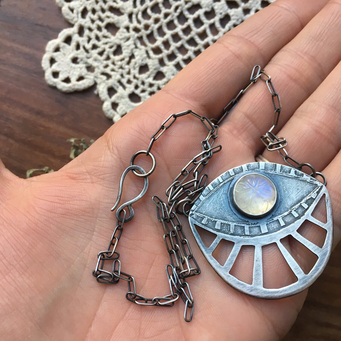 Etched cutout carved moonstone mystical evil eye of protection | Etsy
