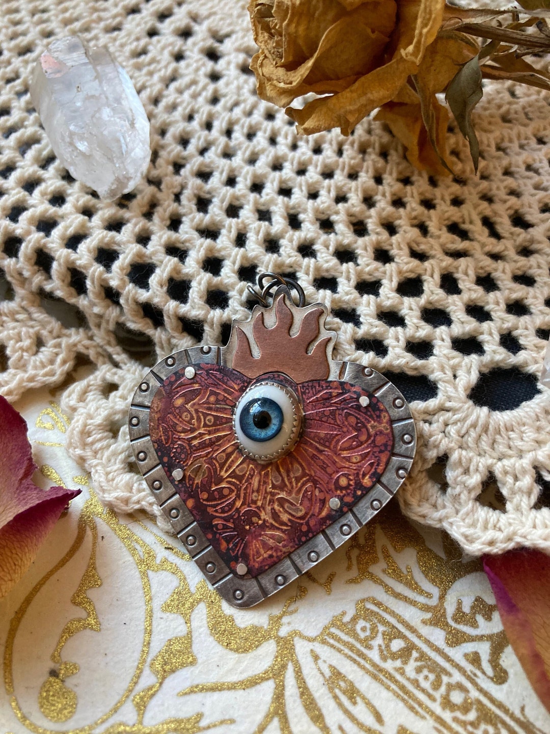 Sacred Heart Etched Eye Flaming Fire Mixed Metal Copper Sterling Silver ...