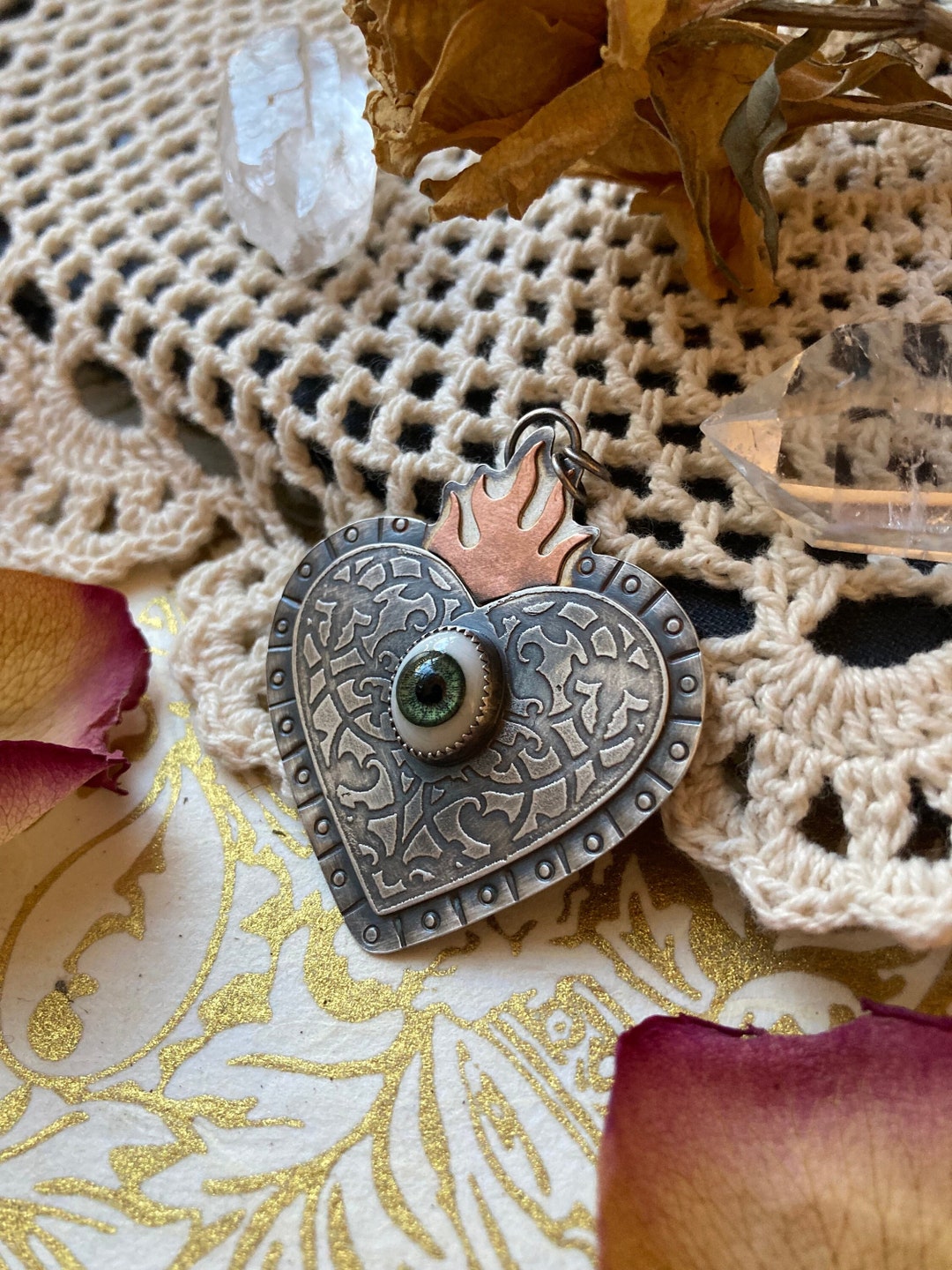 Sacred Heart Etched Eye Flaming Fire Mixed Metal Copper Sterling Silver ...
