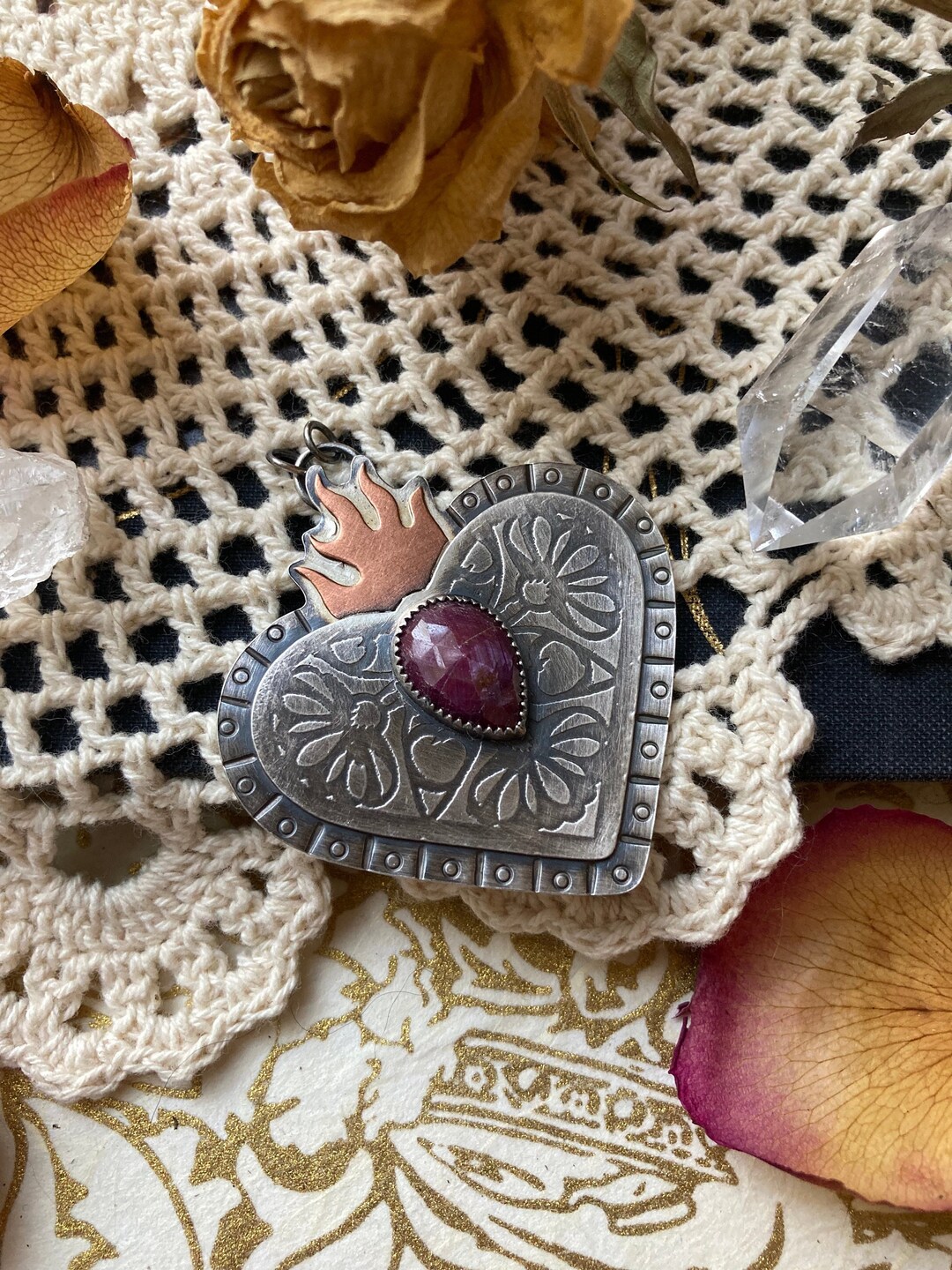 Sacred Heart Etched Ruby Flaming Fire Mixed Metal Copper Sterling ...