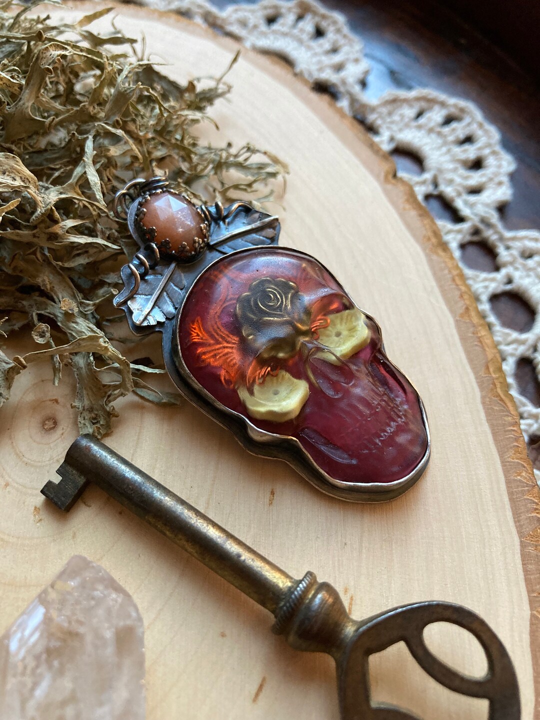 Resin Skull Peach Moonstone Statement Rose Floral Steampunk Tattoo ...