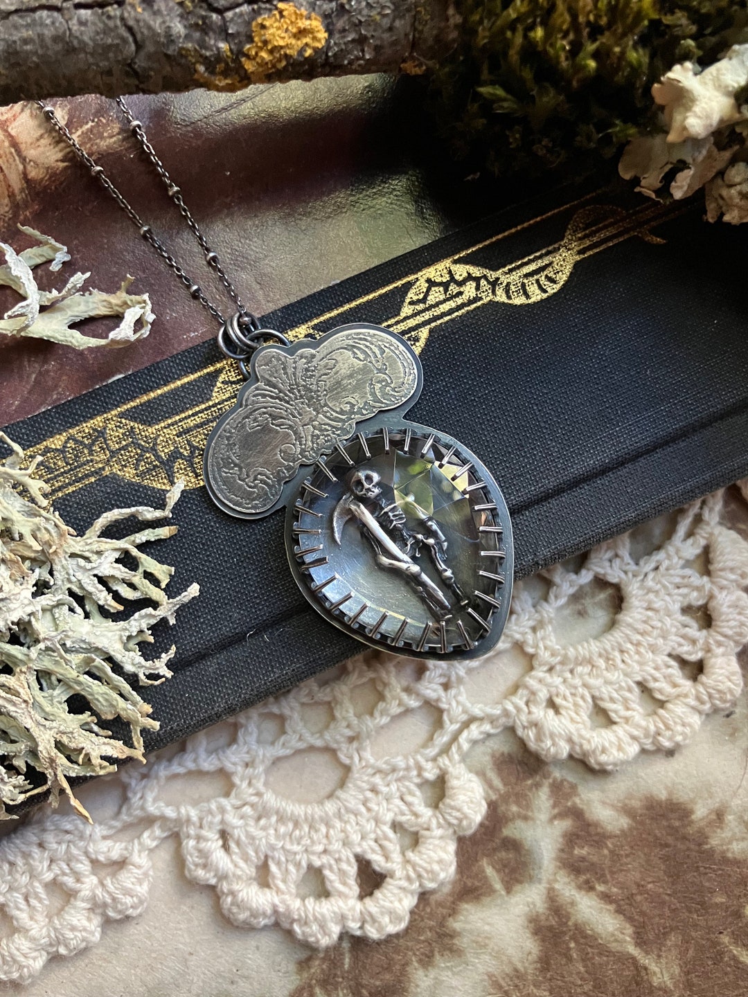 Gothic Grim Reaper Quartz Pendant: Etched Sterling Silver Memento Mori ...