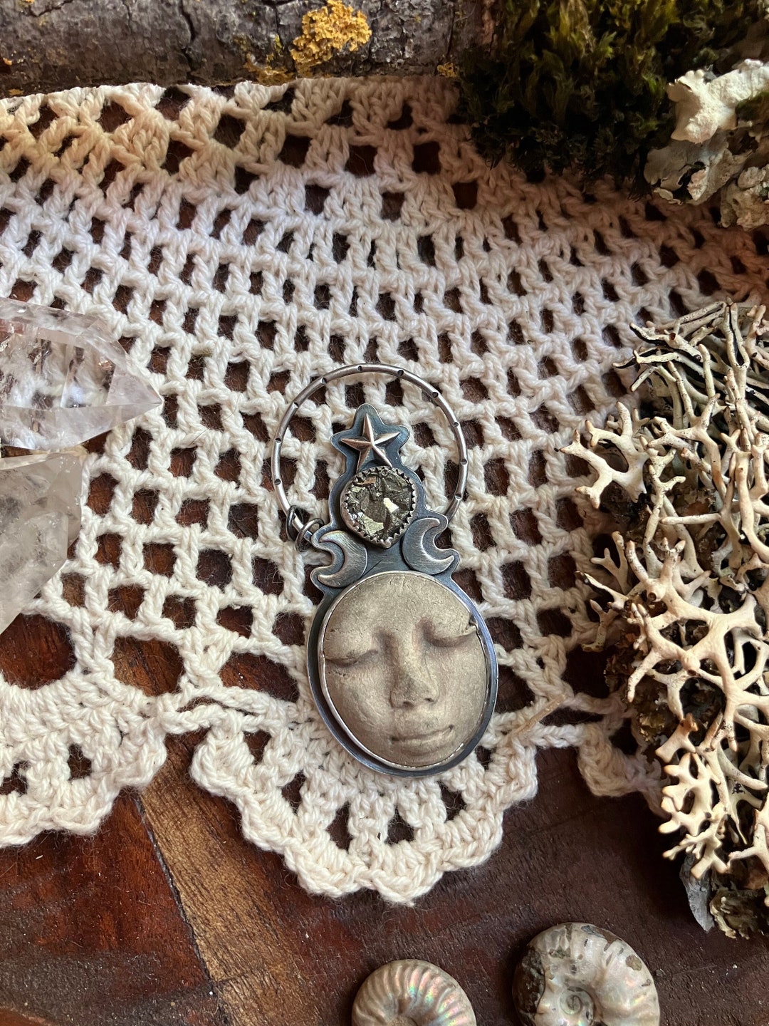 Sterling Silver Pyrite Moon Face Pendant: Star Celestial Whimsigoth ...