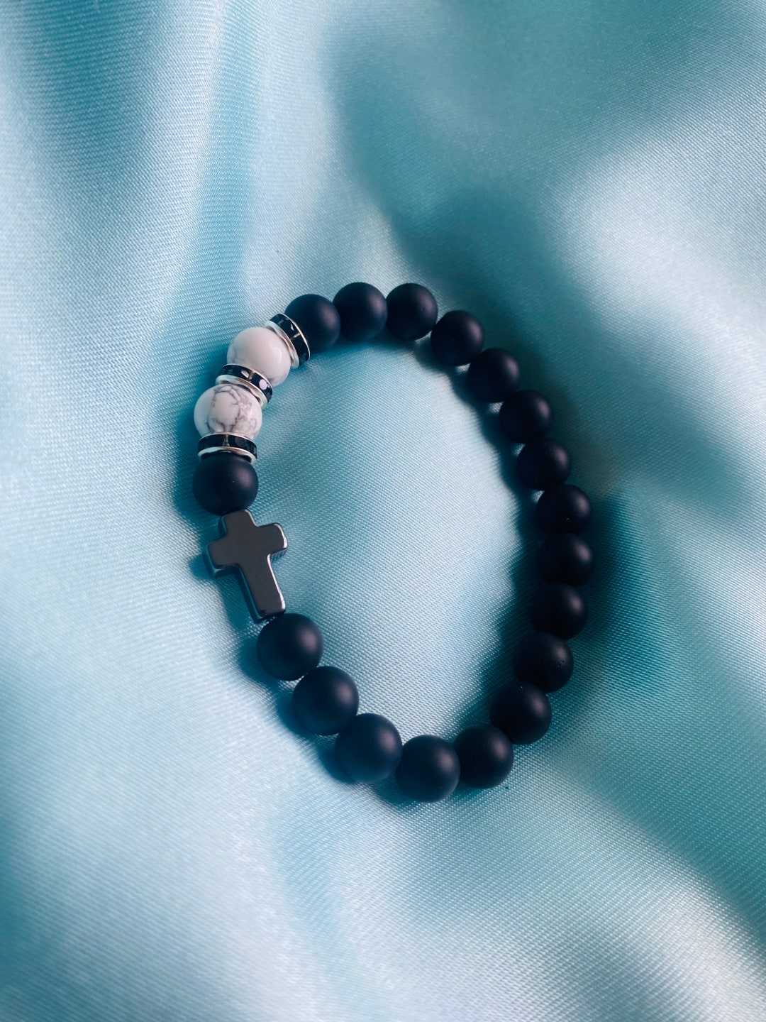 Black Beaded Cross Bracelet, Jesus Cross Bracelet, Hematite Cross ...