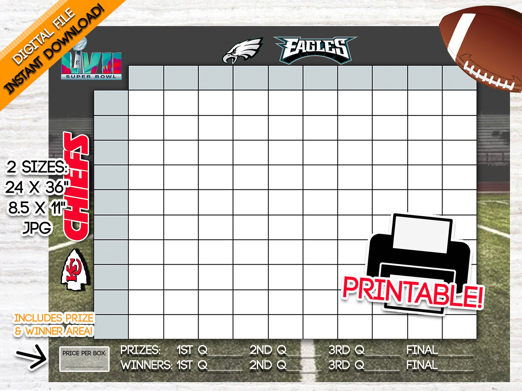 Super Bowl Squares Football Pool Game Printable Instant Download Chiefs ...
