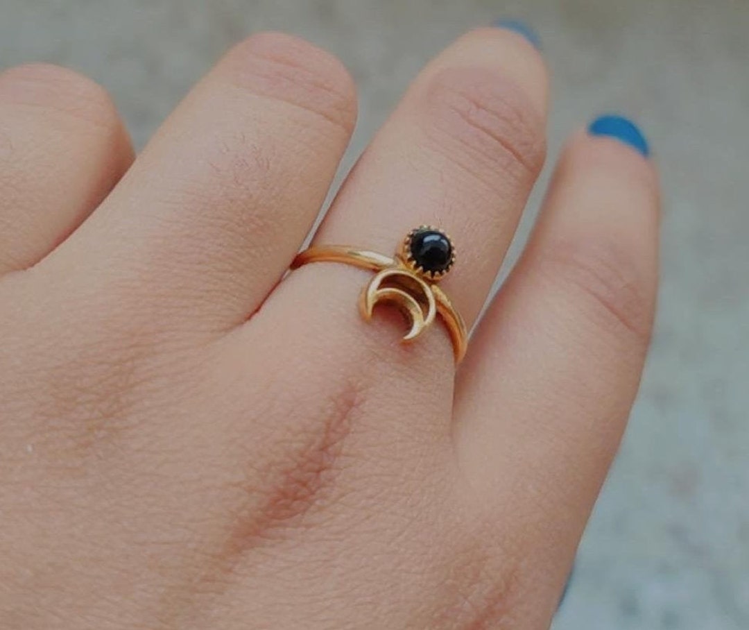 Obsidian Half Moon Ring: Minimalist Stacking Ring, Boho Wedding Jewelry ...