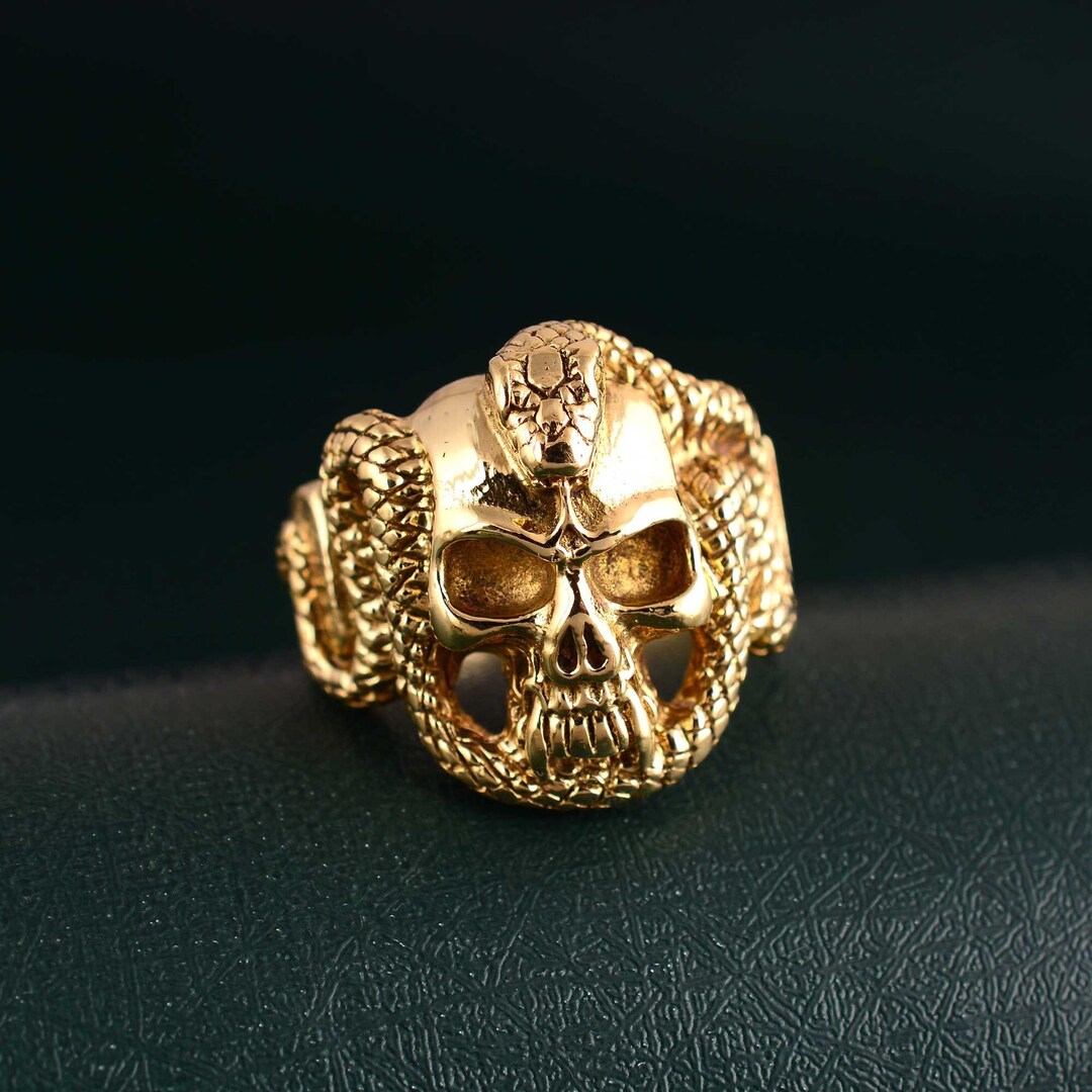 Snake & Skull Ring: Engraved Brass Biker Ring, Gothic Boho Jewelry - Etsy