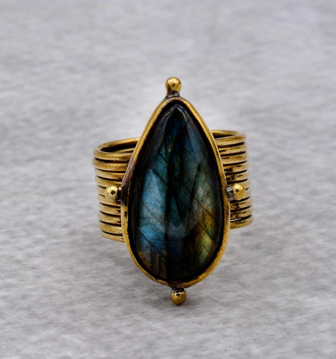 Teardrop Labradorite Statement Ring: Wide Brass Band, Boho Engagement ...