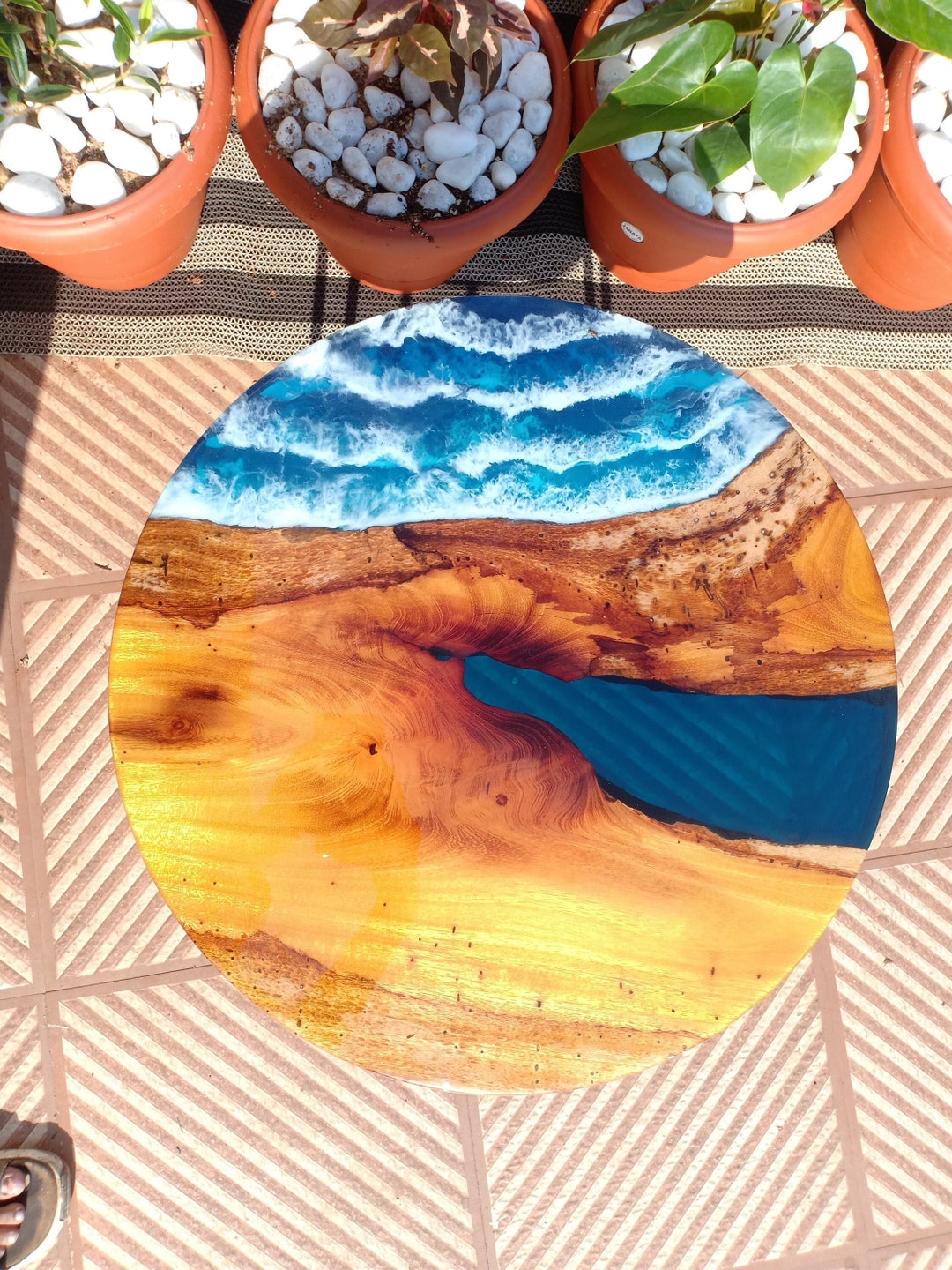Round Resin Ocean Table Made With Live Edge Wood, Resin River Table ...