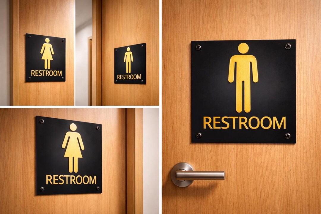 Modern Black & Gold Restroom Sign – 3D Aluminum Plaque, Commercial ...