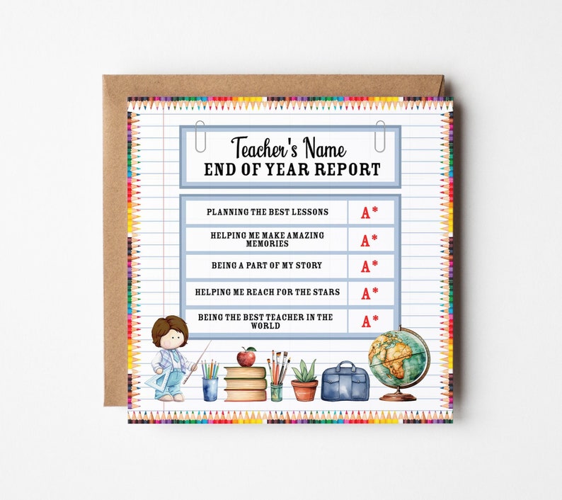 Personalised Teachers Card, End of Year Report Card, Thank You Teacher ...