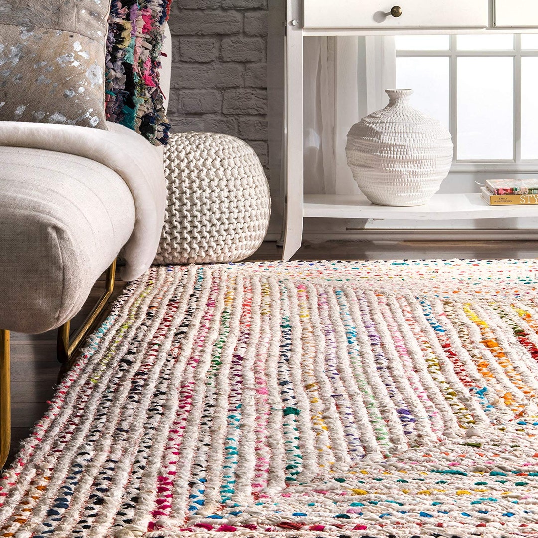 Multi-color Cotton Rugs With White Base Handmade Jute & Cotton - Etsy