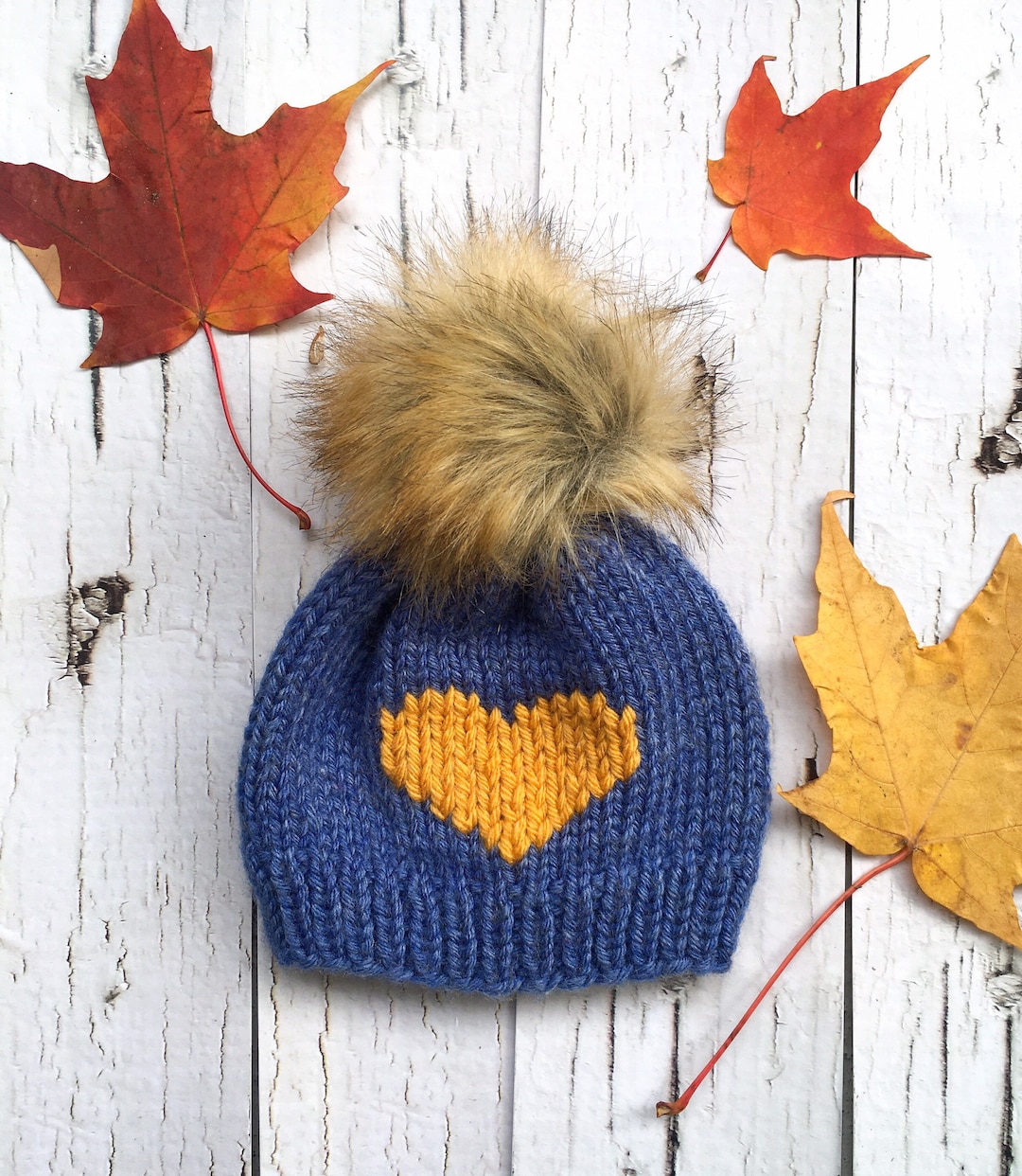 Yellow Heart Beanie, Blue Touque With Pompom, Blue Winter Hat, Hat With ...