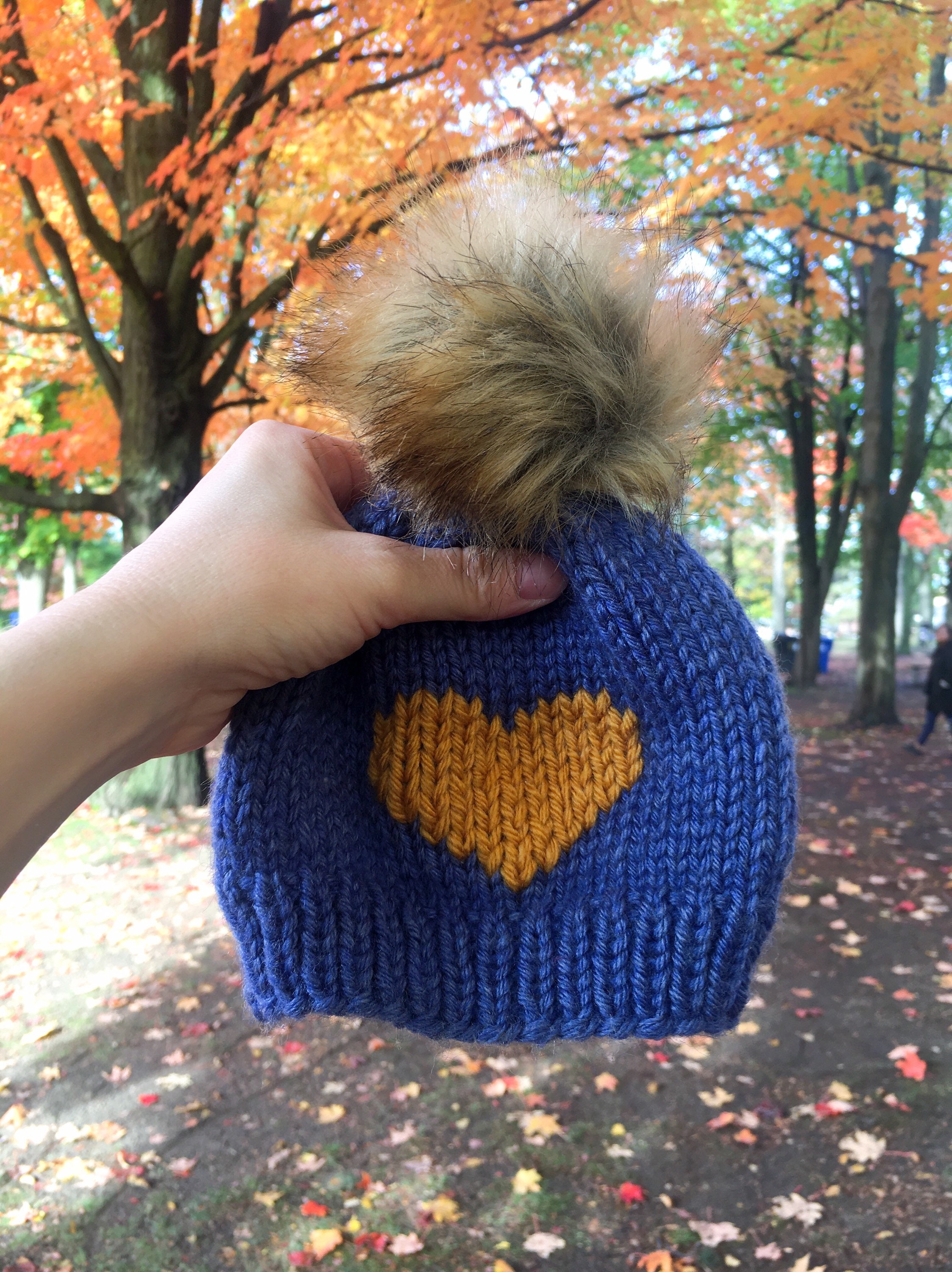 Yellow Heart Beanie, Blue Touque With Pompom, Blue Winter Hat, Hat With ...