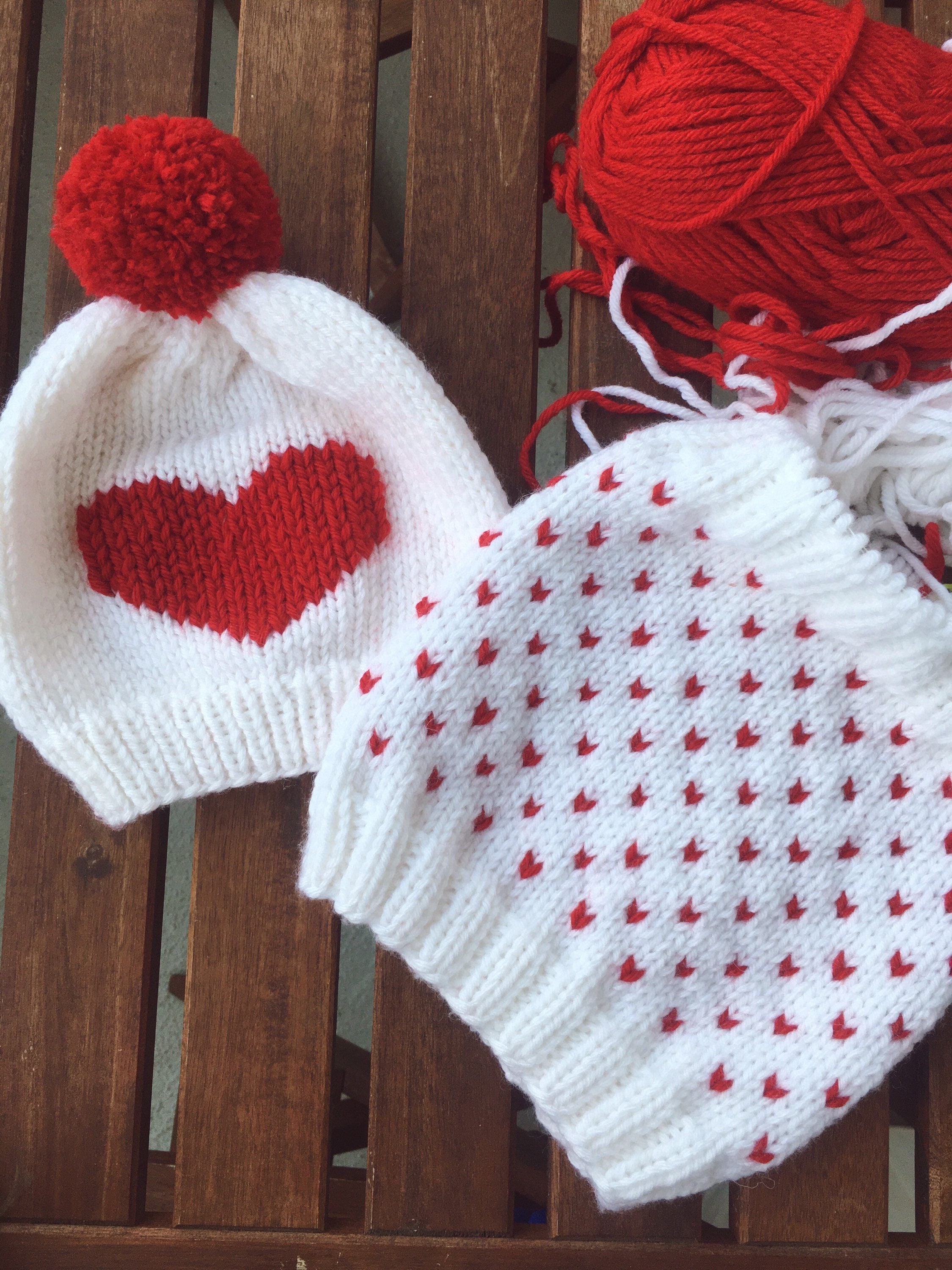 Red Heart Beanie, Heart Winter Hat, Kids Knitted Hat, White and Red Hat ...