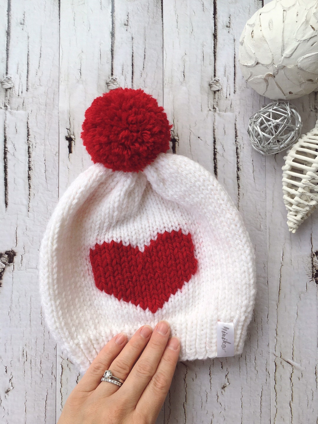 Red Heart Beanie, Heart Winter Hat, Kids Knitted Hat, White and Red Hat ...