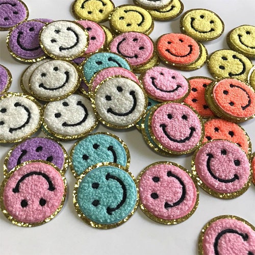 Self Adhesive-smiley Face Patch-chenille Patch-gold Glitter - Etsy