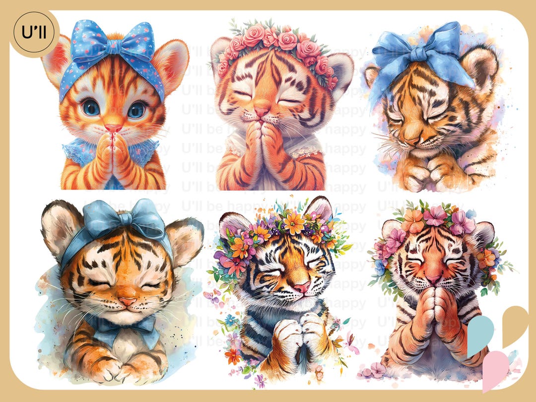 Set of 6 Cute Baby Tiger Prints, Watercolor Digital Art, Adorable Tiger ...