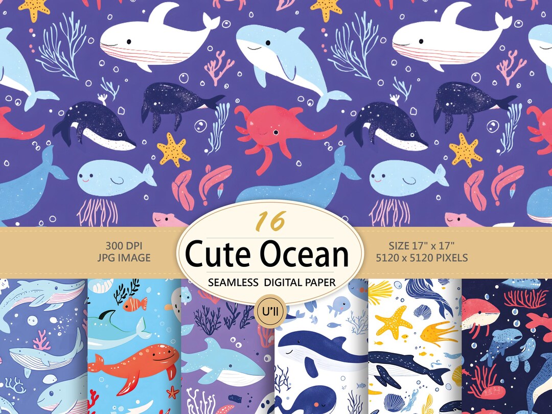 16 Cute Ocean Animals Seamless Patterns – Sea Creatures, Whales, Sharks ...