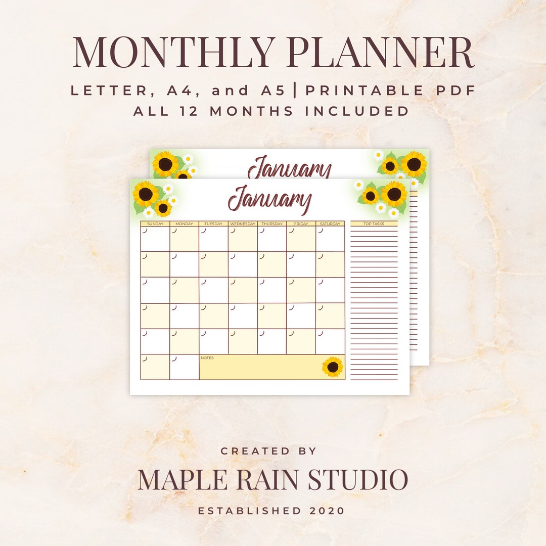 Sunflower Monthly Planner, PDF Printable, Printable Monthly Planner ...
