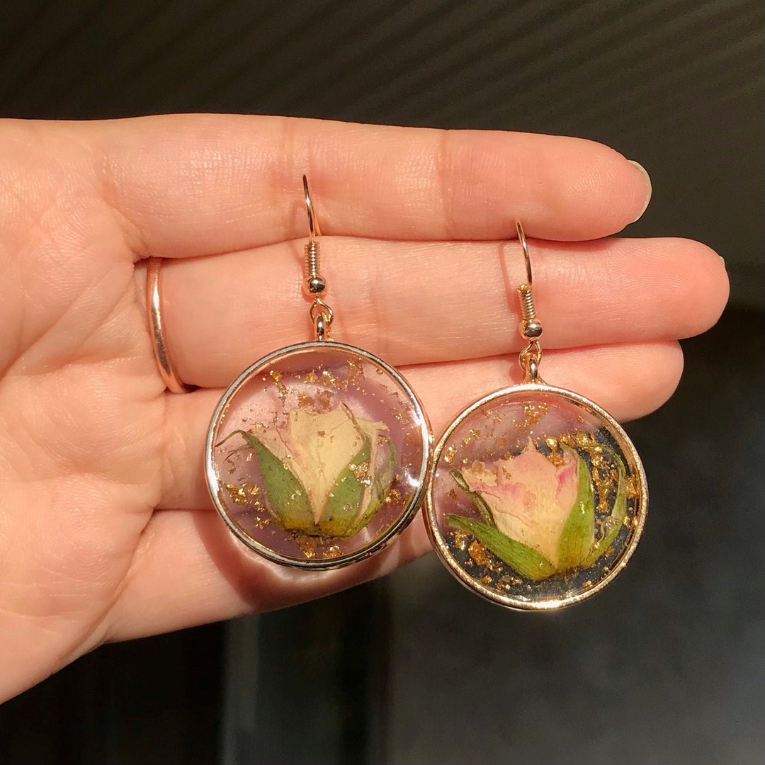 Gold-flecked Rosebud Pressed Flower Earrings - Etsy New Zealand