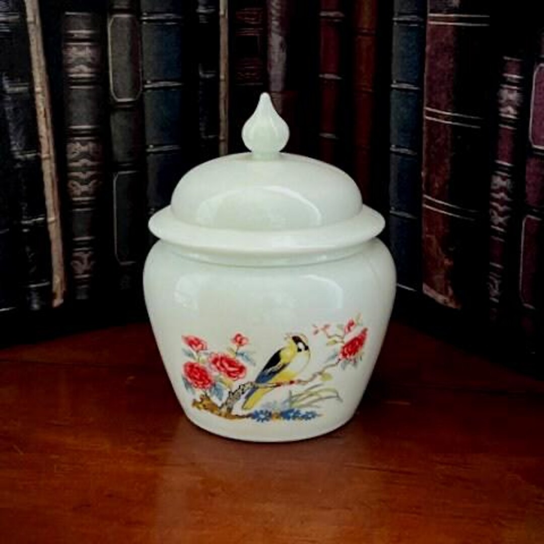 Vintage Ginger Jar White Glass Oriental Bird Floral Avon Glass USA 15cm ...
