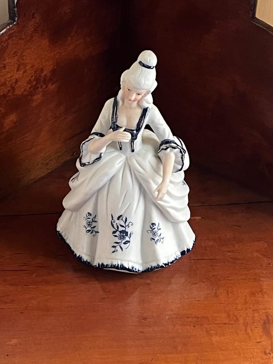 Vintage Japan Curtsey Pose Crinoline Lady Figurine Blue White Ceramic ...