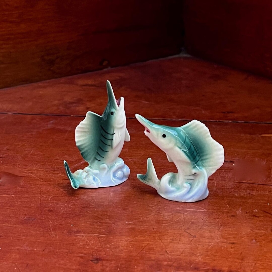 2 Vintage Fish Figurine Swordfish Miniature Blue Green Porcelain 5cm ...
