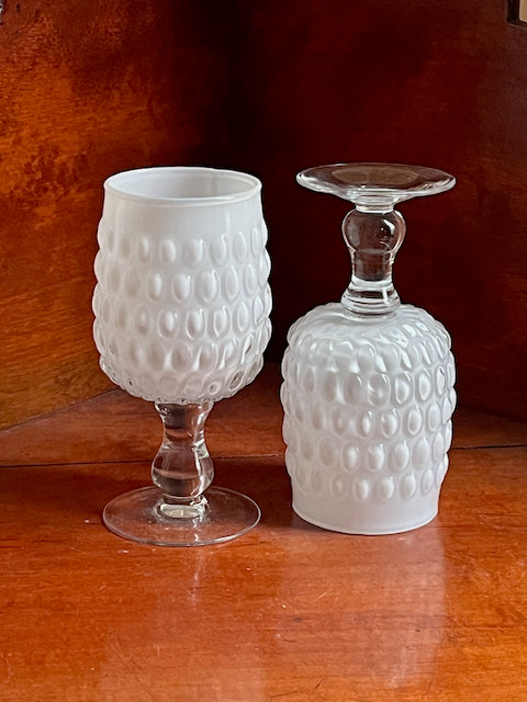 2 Vintage Wine Glasses Bubble Cased Milk White 200ml. Farmhouse Country ...