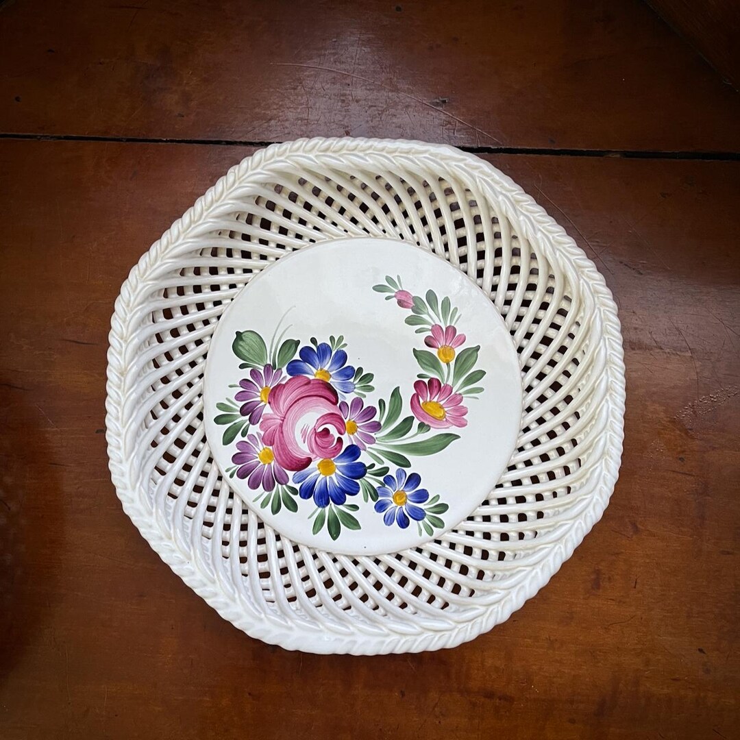Vintage Hexagonal White Floral Ceramic Bowl: Lattice Roped Rim Decor ...