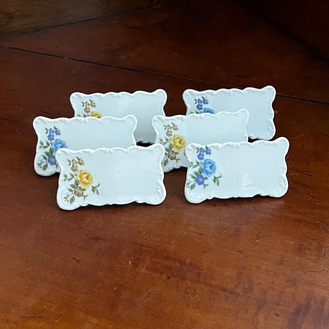 6 Vintage Ceramic Place Cards Name Cards Floral 3 Blue 3 Yellow Japan ...