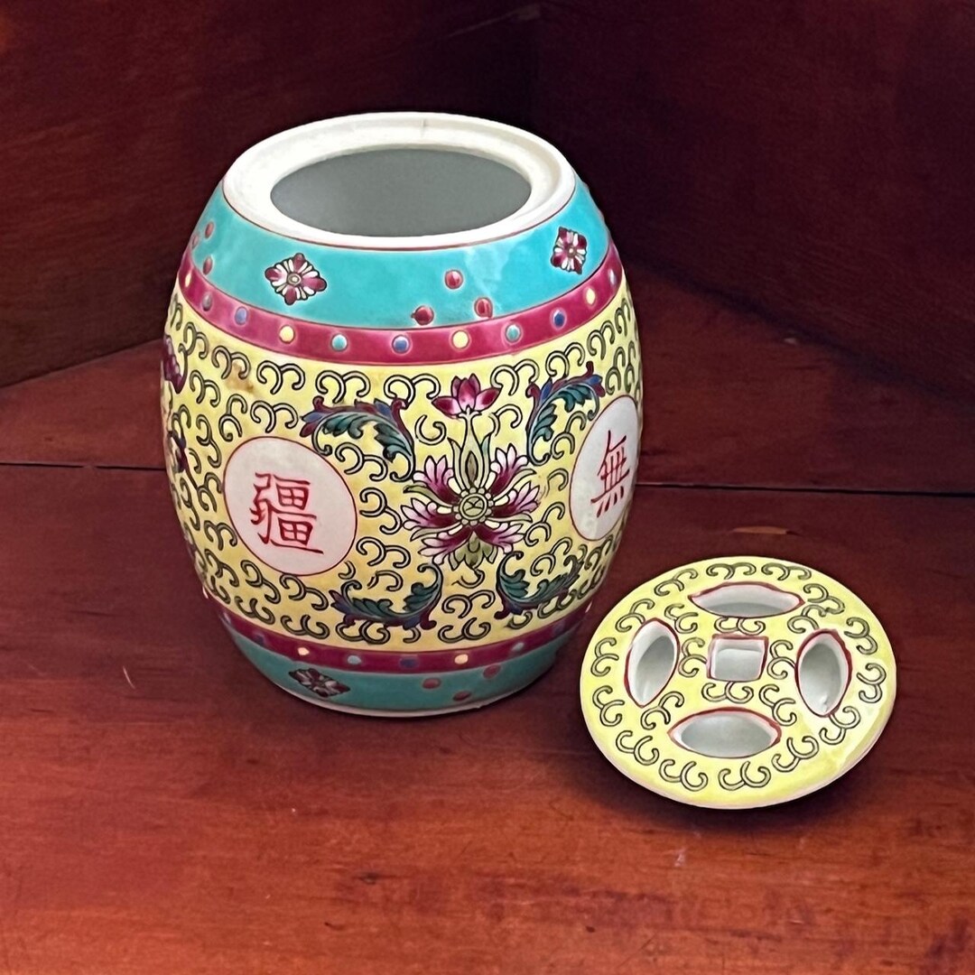 Vintage Pickle Jar Turquoise Yellow Chinese Mun Shou Famille Rose 11cm ...