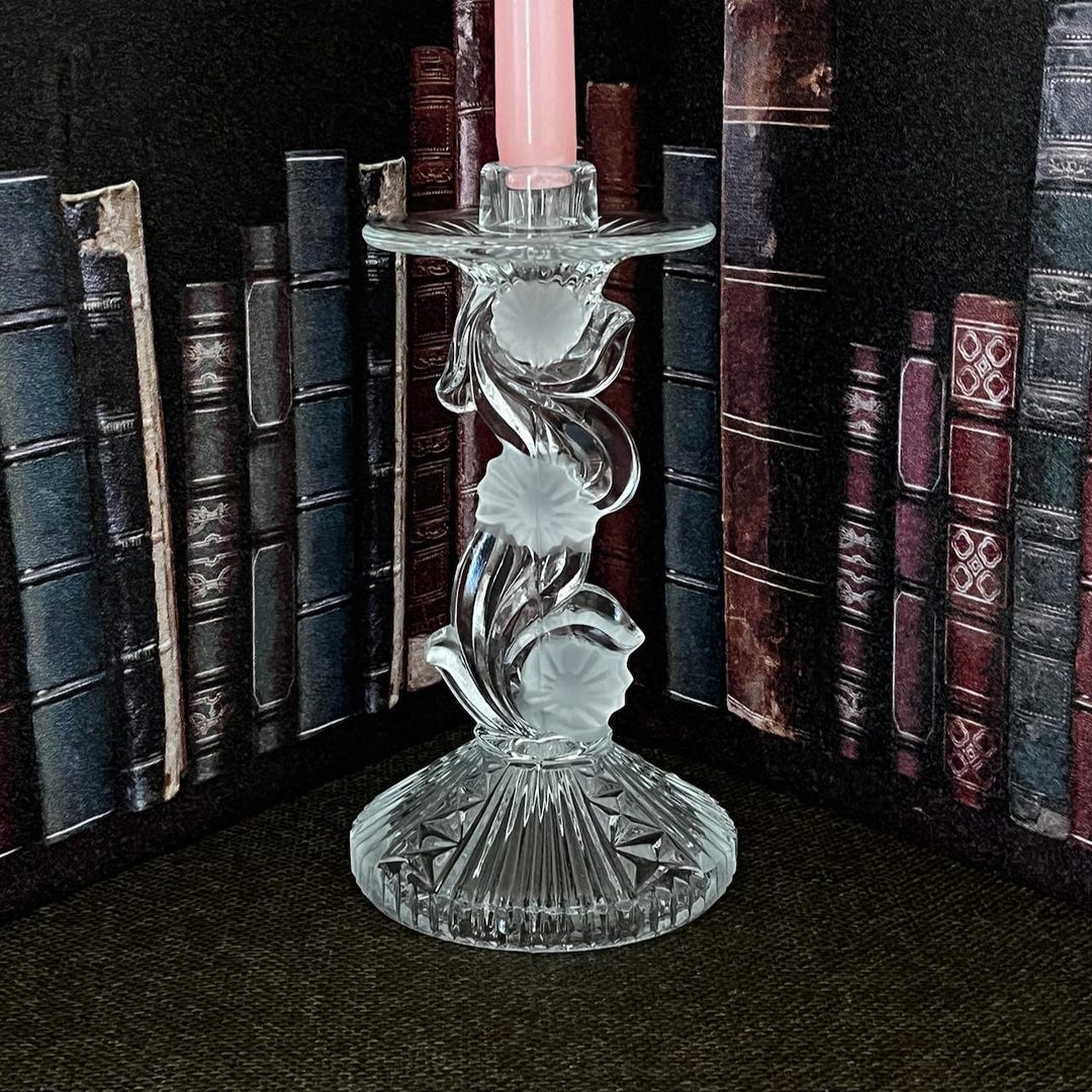 Vintage Candlestick Art Deco Ornate Floral Libochovice Czech Glass 21cm ...