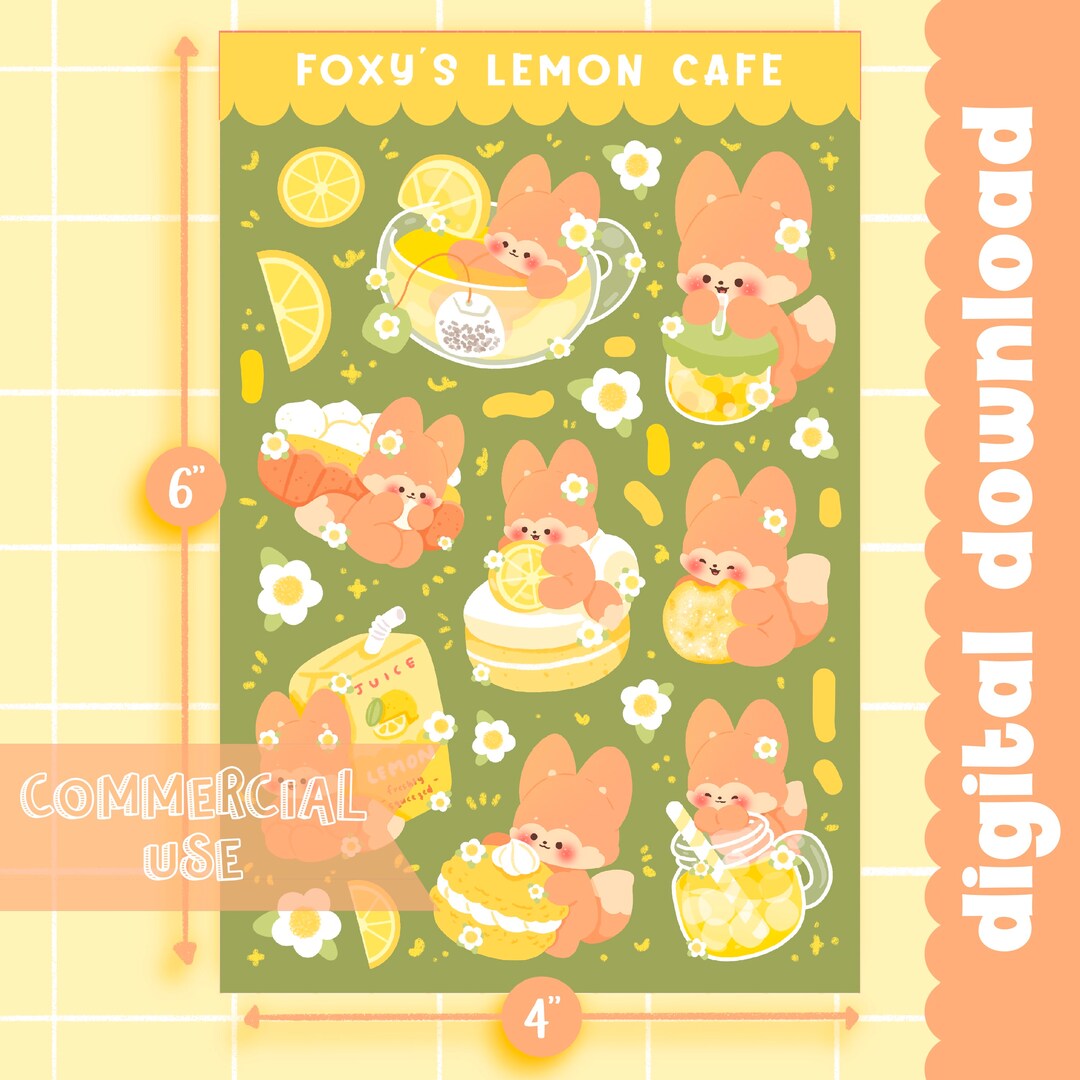 Cute Printable Puppy Fox Lemon Dessert Sticker Sheet / Commercial Use ...