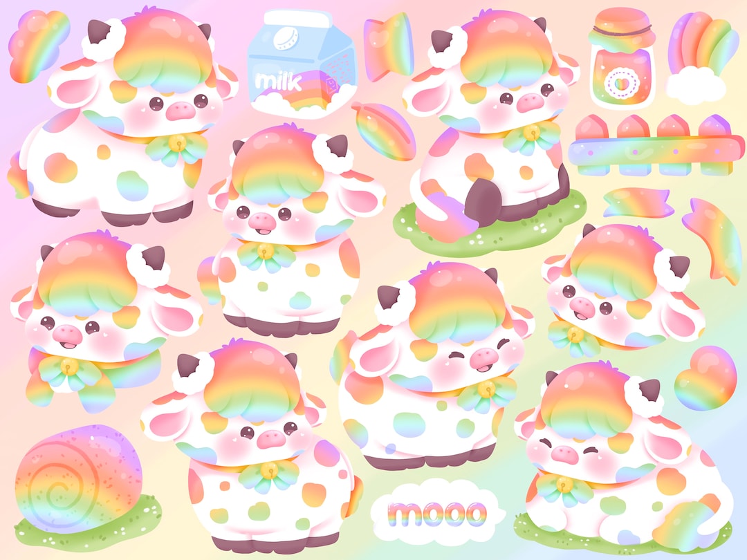 Cute Kawaii Printable Pride Rainbow Cow Farm Clipart / Commercial Use ...