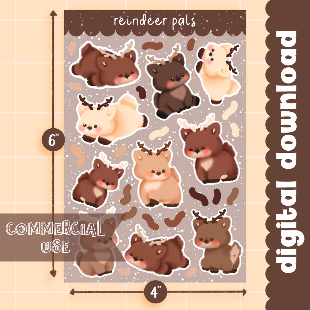 Cute Printable Sticker Sheet Reindeer / Commercial Use/ PNG - Etsy