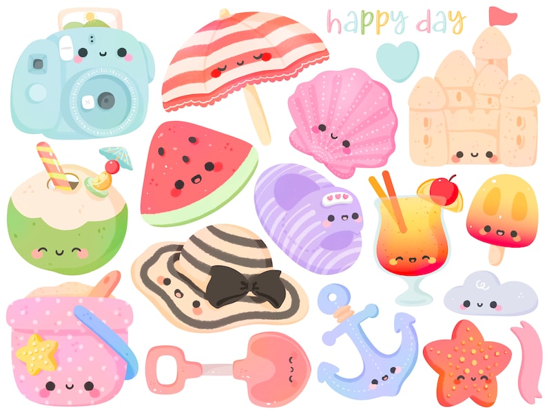 Cute Kawaii Printable Beach Set 1 Clipart / Commercial Use/ - Etsy