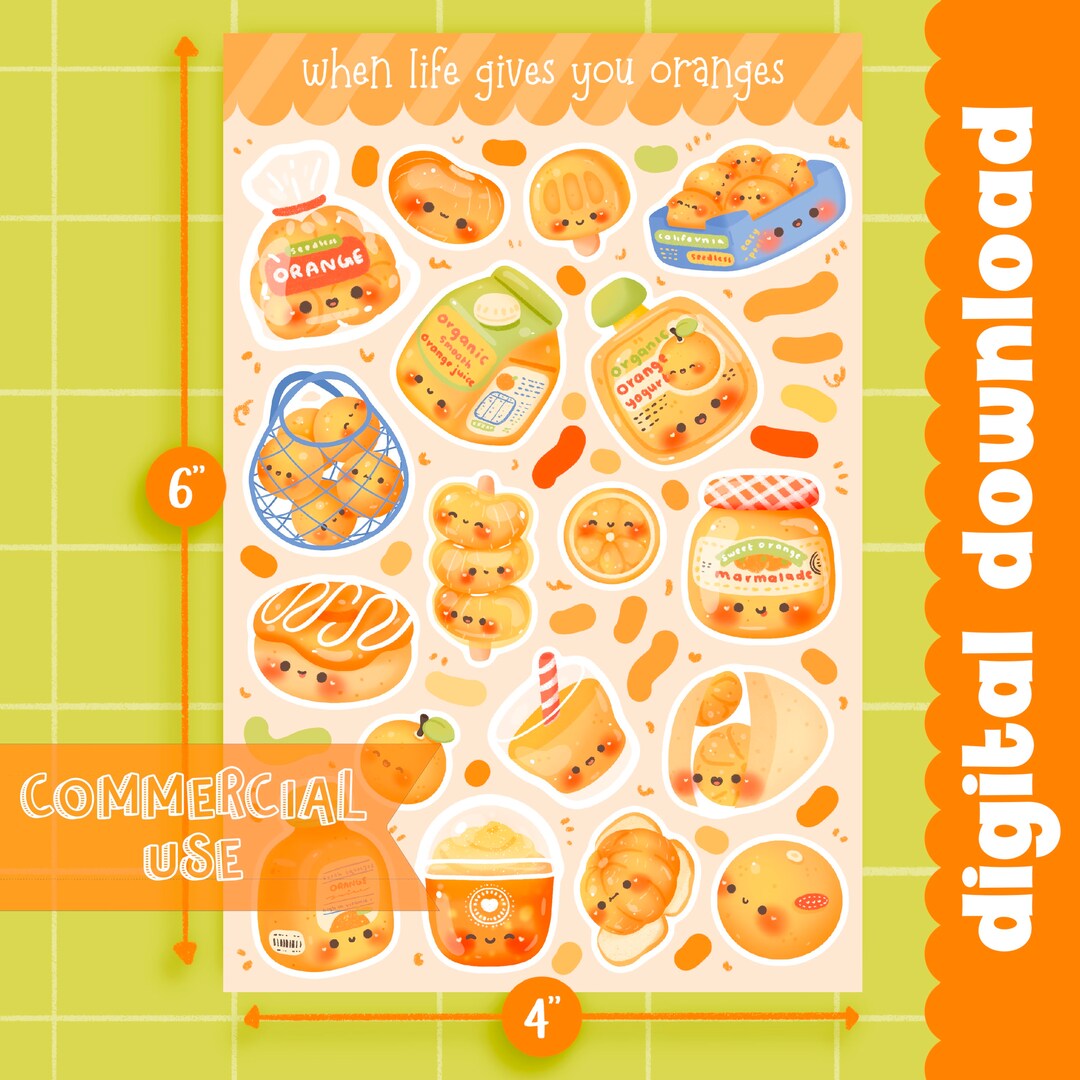 Cute Printable Sticker Sheet Orange Foods / Commercial Use/ PNG - Etsy