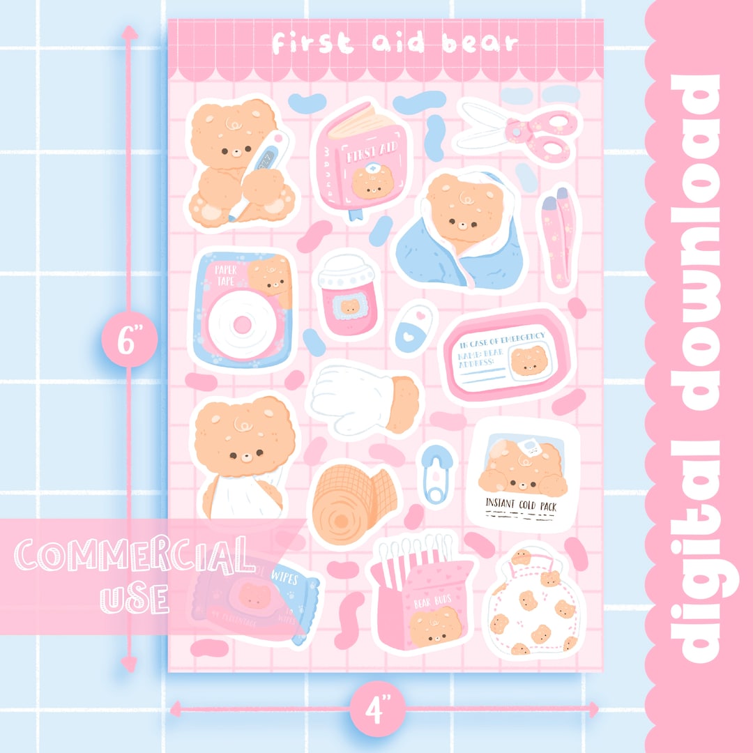 Cute Printable Sticker Sheet First Aid Bear / Commercial Use/ PNG - Etsy