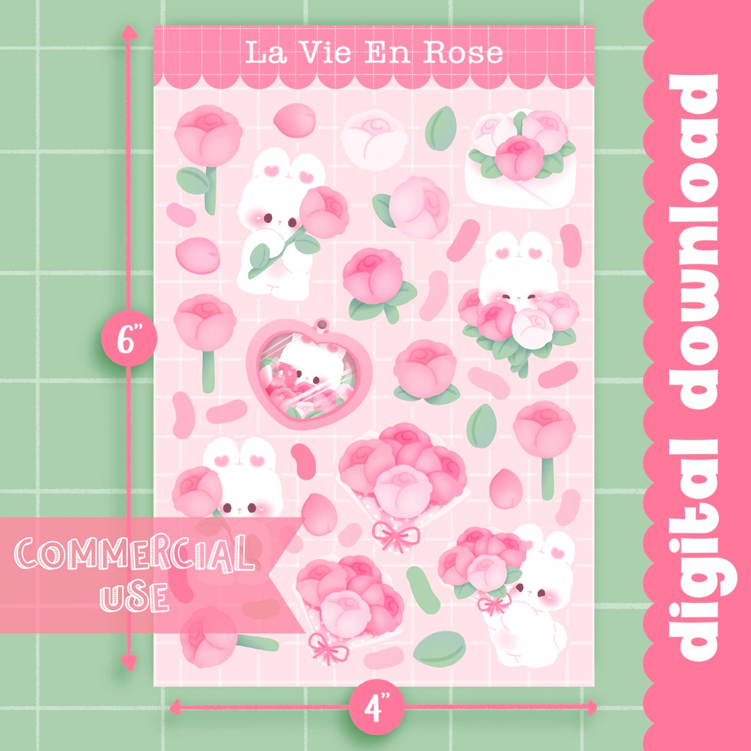 Cute Printable Sticker Sheet Rose Bunny Sticker Sheet / Commercial Use ...